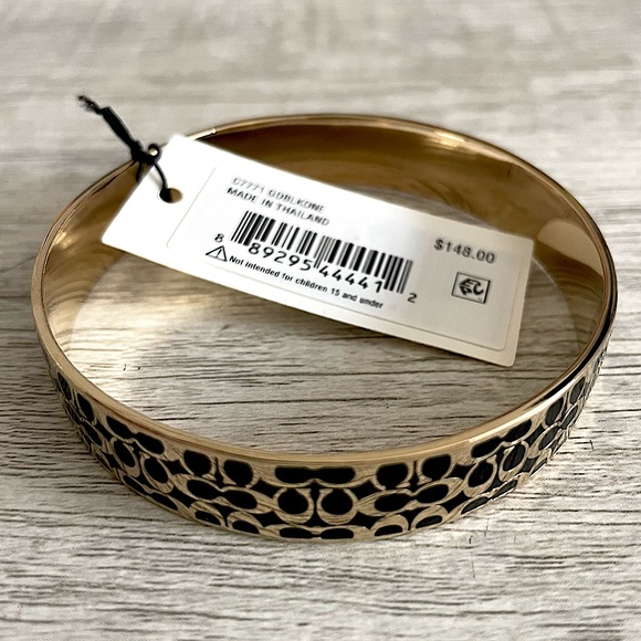 Coach | Jewelry | Coach Gold Black Signature Logo Bangle | Poshmark